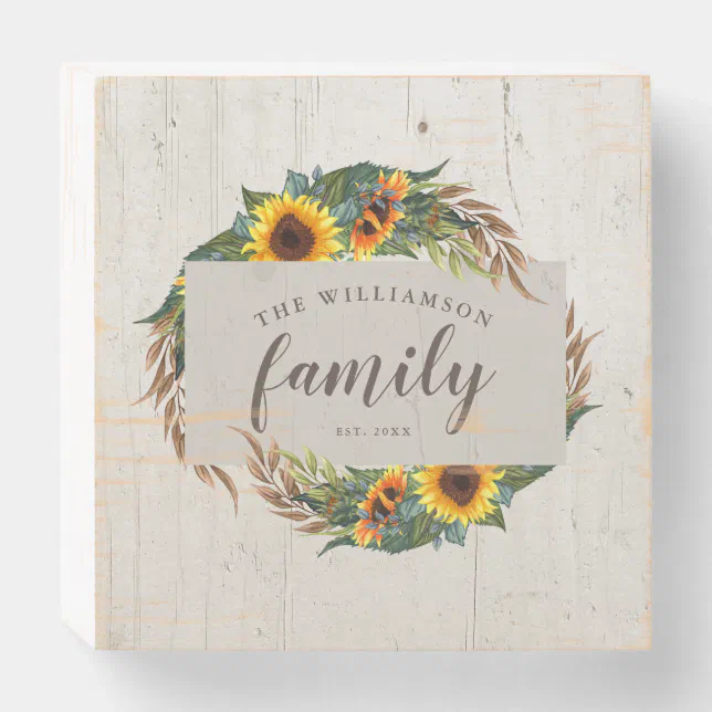 Fall Sunflowers Rustic Wood Family Name Wooden Box Sign | Zazzle