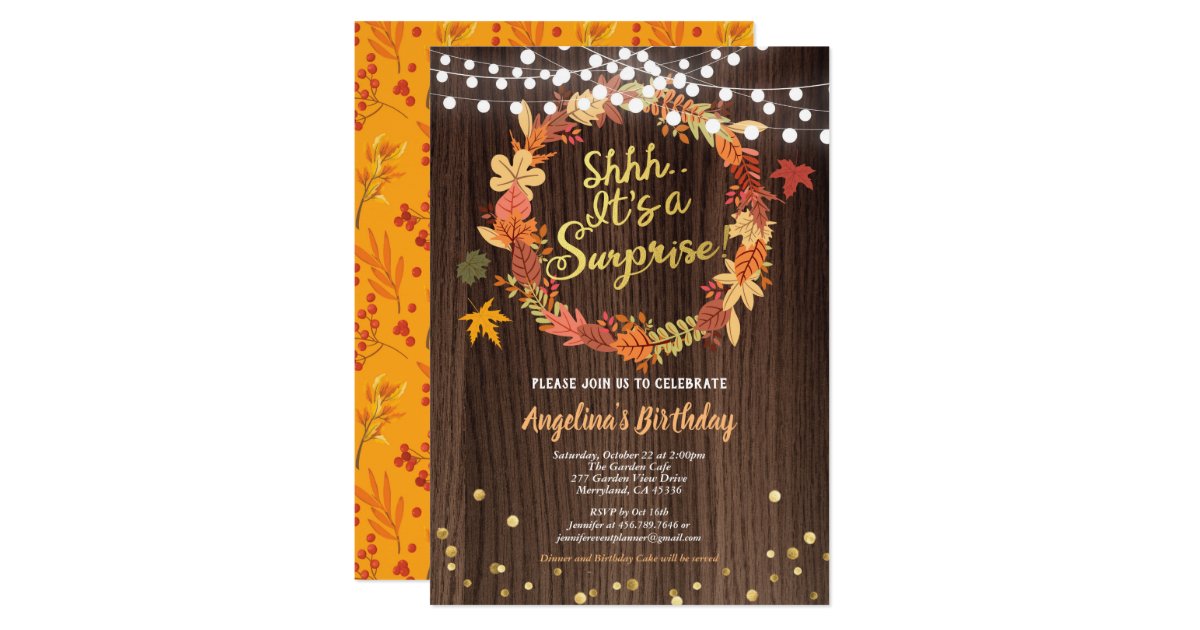 Fall surprise birthday party thanksgiving gold invitation | Zazzle.com