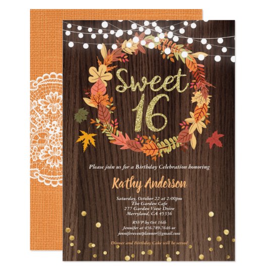 Fall sweet sixteen 16 birthday rustic wood wreath invitation | Zazzle.com