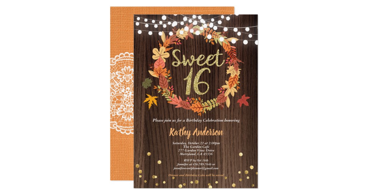 Fall sweet sixteen 16 birthday rustic wood wreath invitation | Zazzle.com
