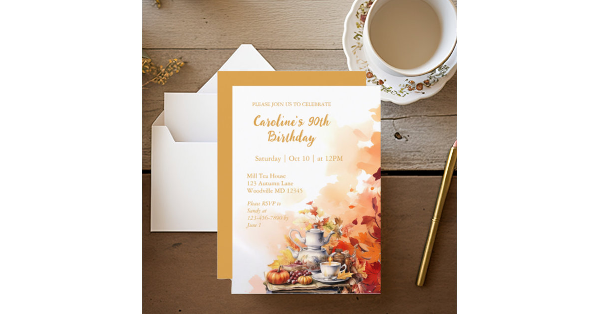 Fall Tea Party Elegant 90th Birthday Invitation | Zazzle