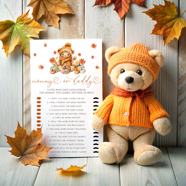 Fall Teddy Bear Mommy or Daddy Baby Shower Game | Zazzle