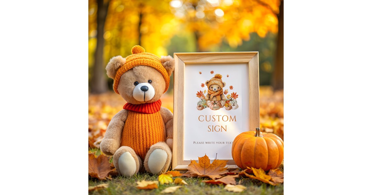 Fall Teddy Bear with Pumpkin Baby Shower Custom Poster | Zazzle