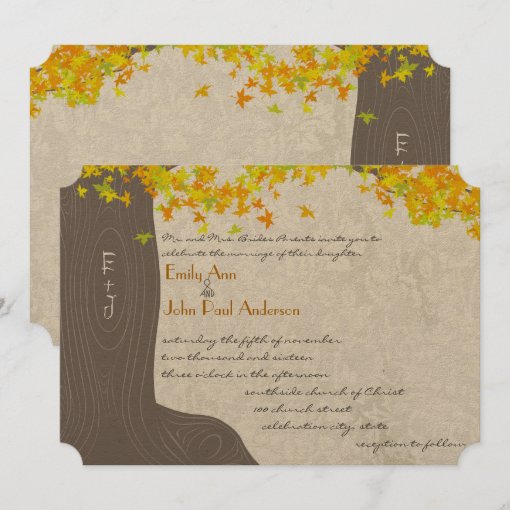 Fall Tree Initials In Trunk Yellow Orange Leaves Invitation | Zazzle