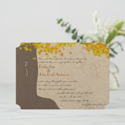 Fall Tree Initials In Trunk Yellow Orange Leaves Invitation | Zazzle