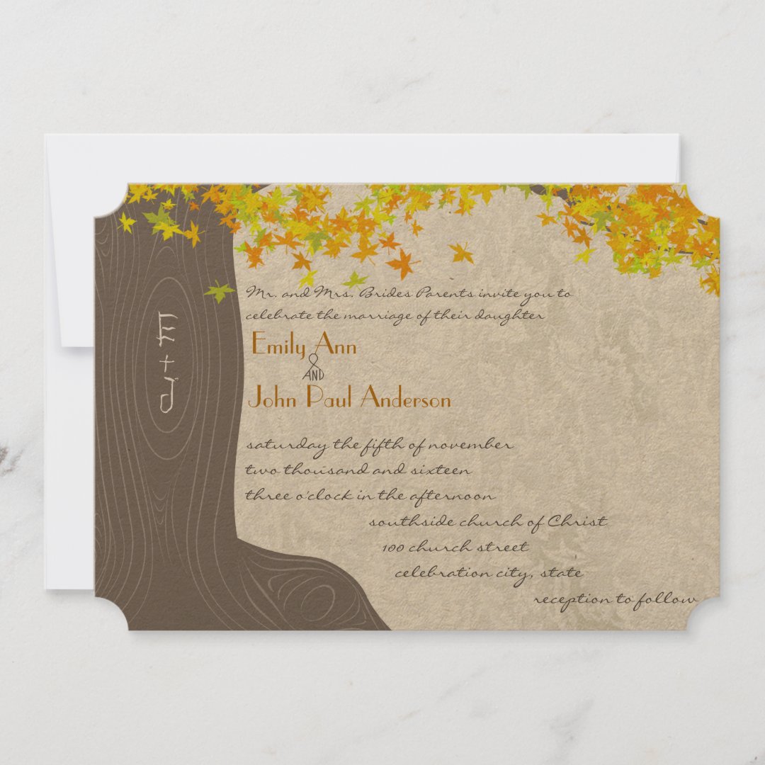 Fall Tree Initials In Trunk Yellow Orange Leaves Invitation | Zazzle