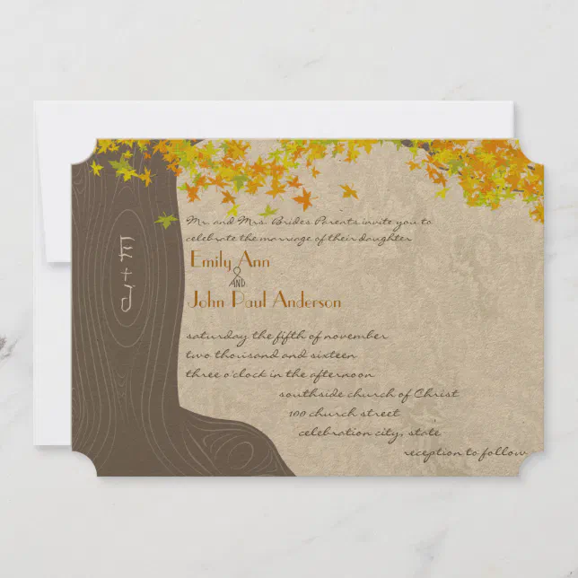 Fall Tree Initials In Trunk Yellow Orange Leaves Invitation | Zazzle