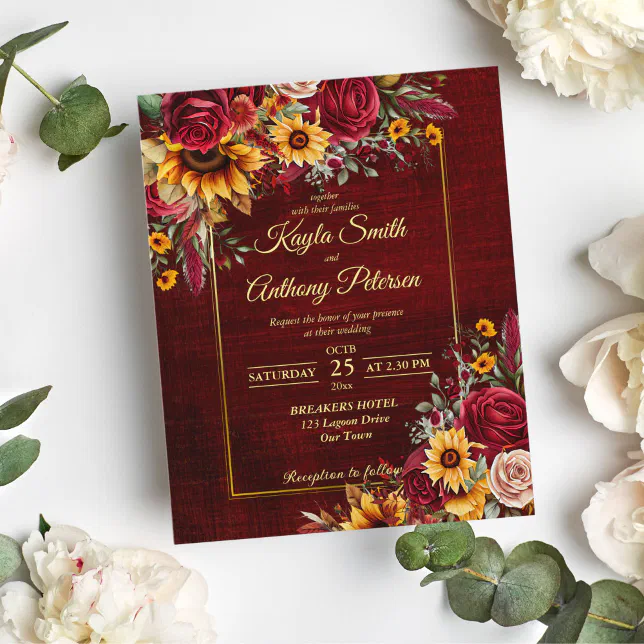 Fall wedding burgundy roses sunflowers invitation | Zazzle