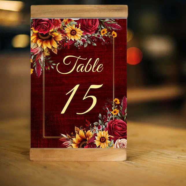 Fall wedding burgundy roses sunflowers table number | Zazzle