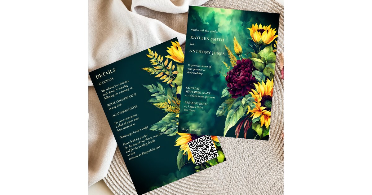 Fall wedding green rustic sunflowers all in one invitation | Zazzle
