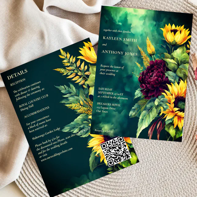 Fall wedding green rustic sunflowers all in one invitation | Zazzle