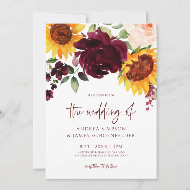 Fall Wedding Invitation Sunflowers Burgundy Roses | Zazzle