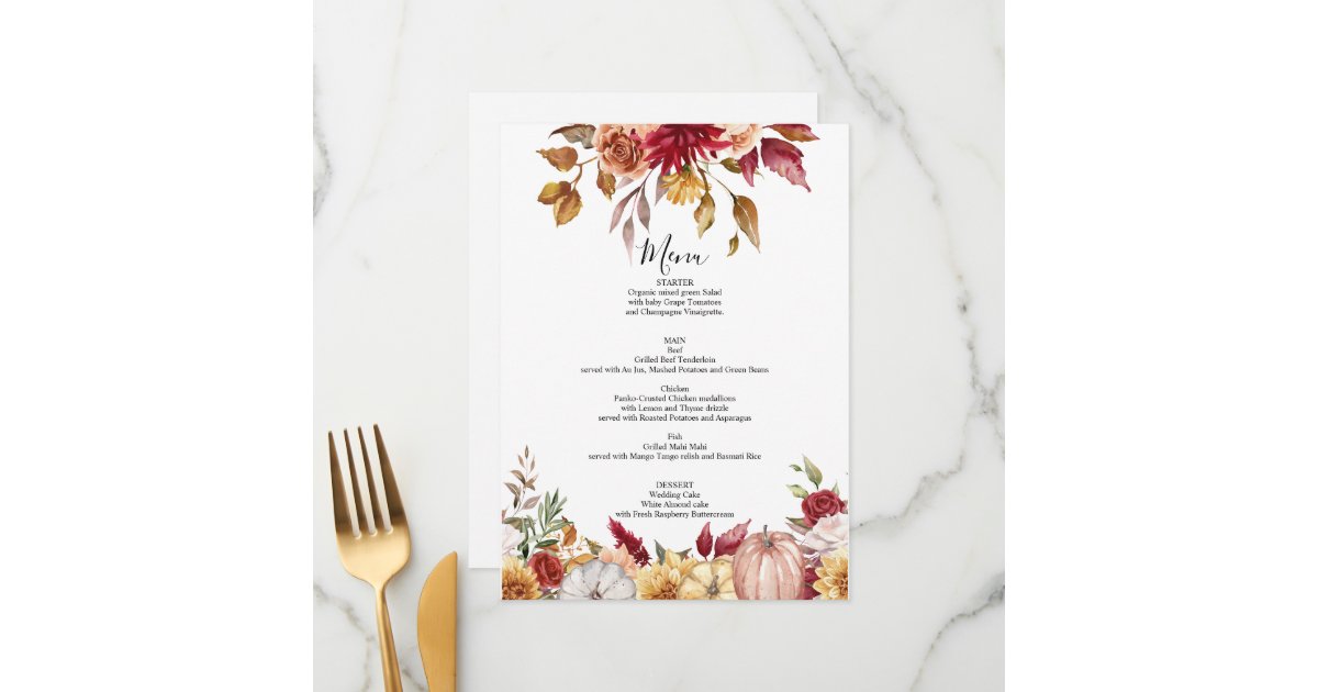 Fall Wedding Menu card floral | Zazzle