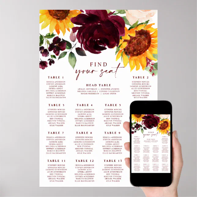 Fall Wedding Seating Chart Sunflowers Roses Foam B | Zazzle
