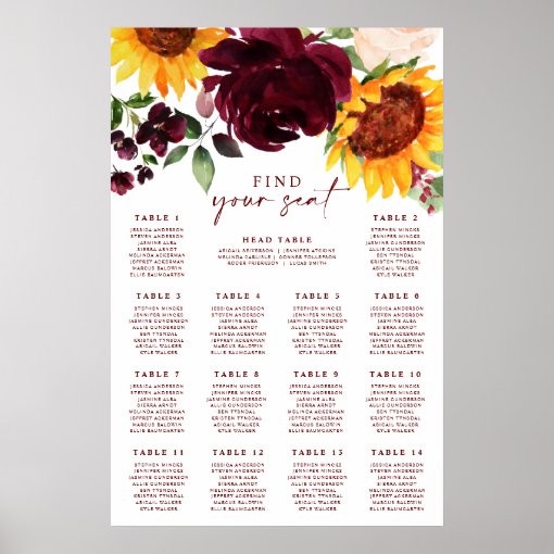 Fall Wedding Seating Chart Sunflowers Roses Foam B | Zazzle