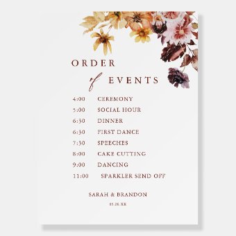 Fall Wedding Timeline Wedding Order of Events Foam Board | Zazzle