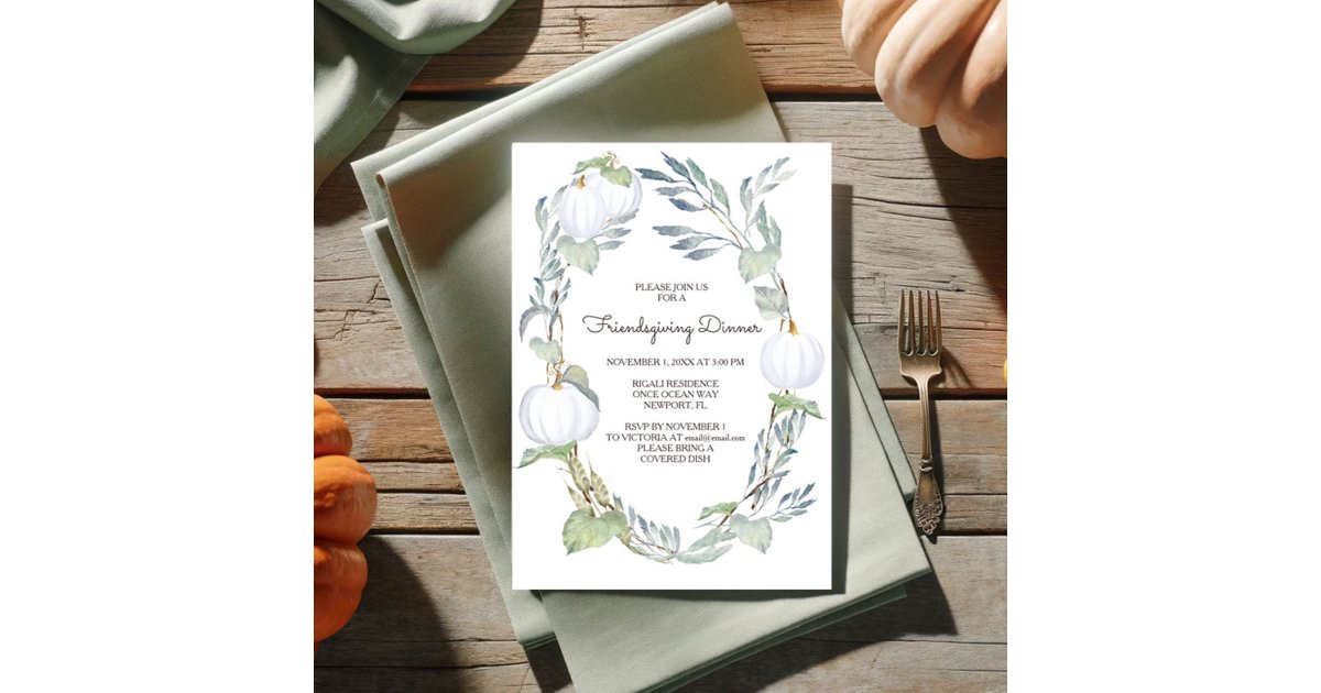 Fall WHITE PUMPKIN Greenery Friends Giving Invitation | Zazzle
