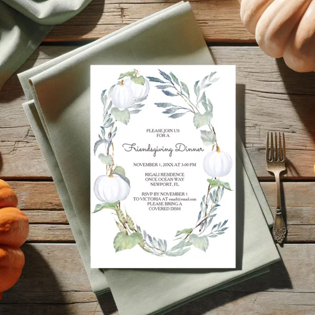 Fall WHITE PUMPKIN Greenery Friends Giving Invitation | Zazzle