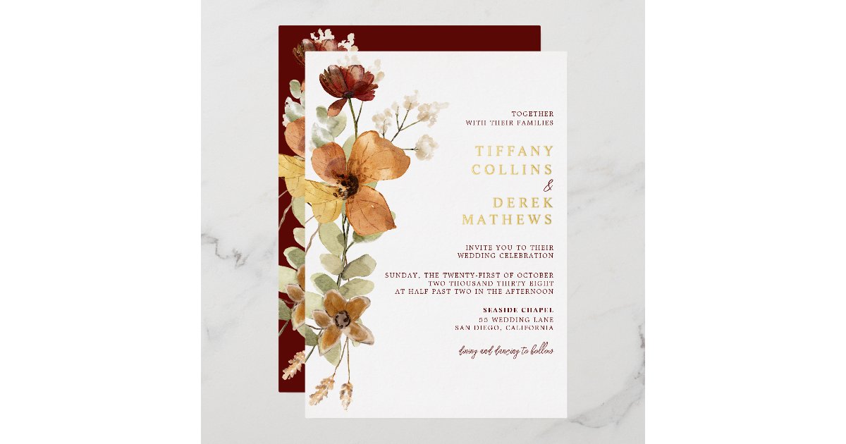 Fall Wildflower Wedding Foil Invitation | Zazzle