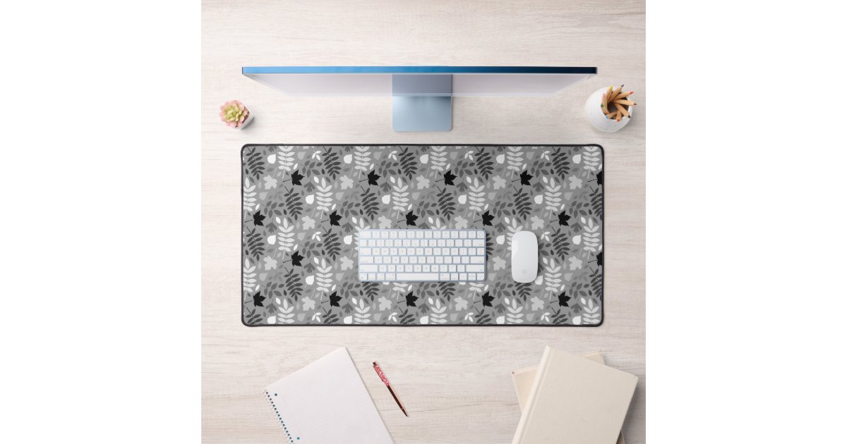 Fallen Leaves Rpt Pattern Monochrome on Grey Desk Mat | Zazzle