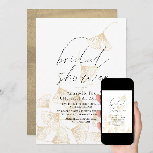 Falling Gold Ginkgo Leaves Virtual Bridal Shower Invitation | Zazzle
