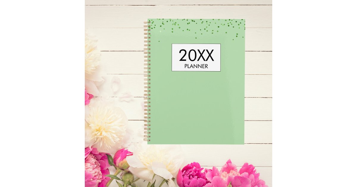 Falling Green Glitter Personalized Yearly Planner | Zazzle