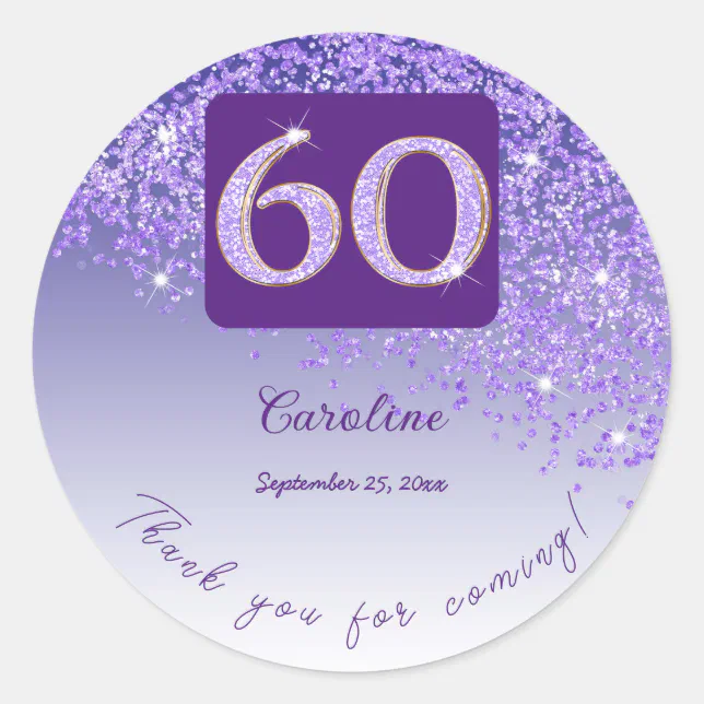 Falling Purple Glitter, 60th Birthday Thanks Classic Round Sticker | Zazzle