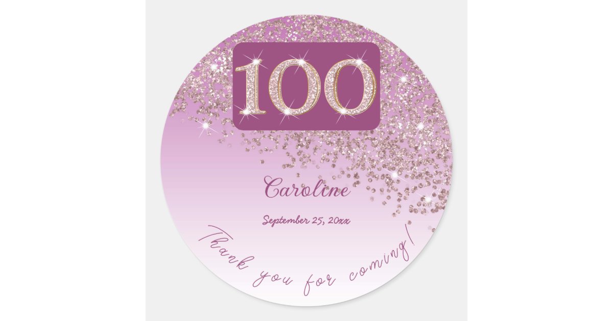 Falling Rose Gold Glitter, 100th Birthday Thanks Classic Round Sticker ...