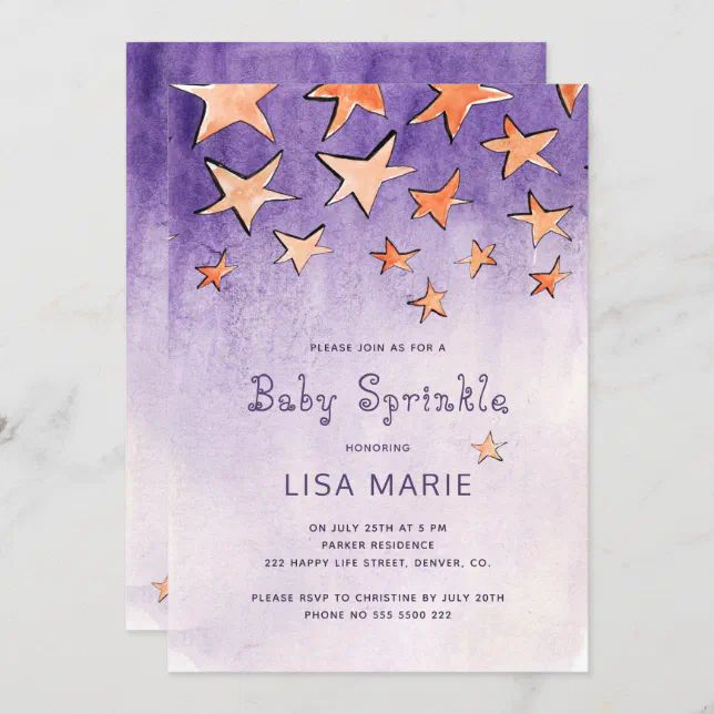 Falling stars watercolor purple baby sprinkle invitation | Zazzle