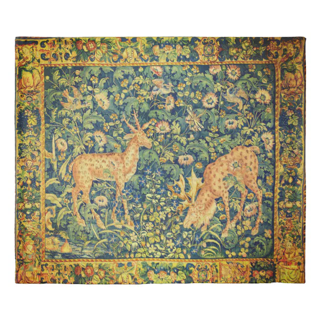 FALLOW DEER PAIR,GOTHIC FANTASY FLOWERS,Green Duvet Cover | Zazzle
