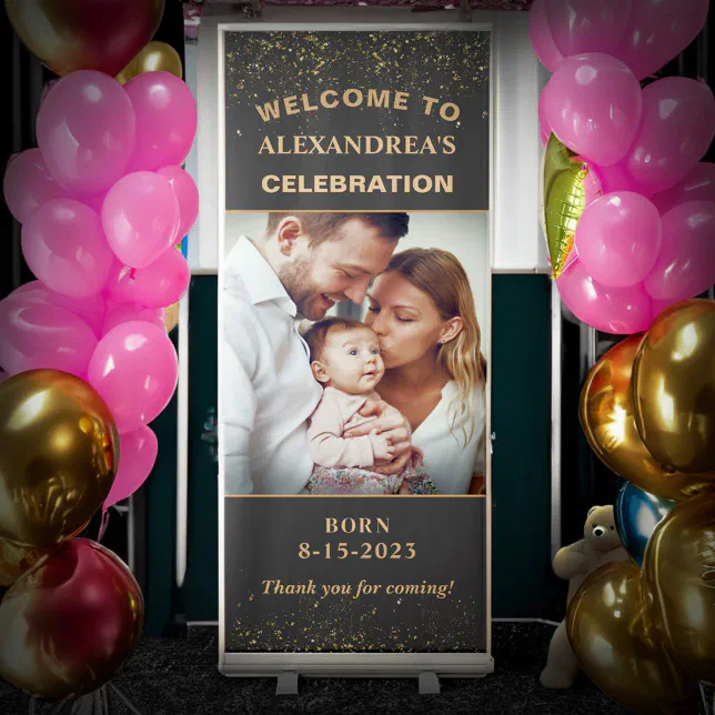 Family Baby Mom Dad Photo Black Gold Custom Retractable Banner | Zazzle