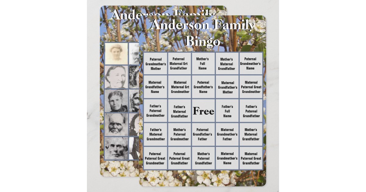 Family Bingo Card White Blossoming Tree Photo | Zazzle
