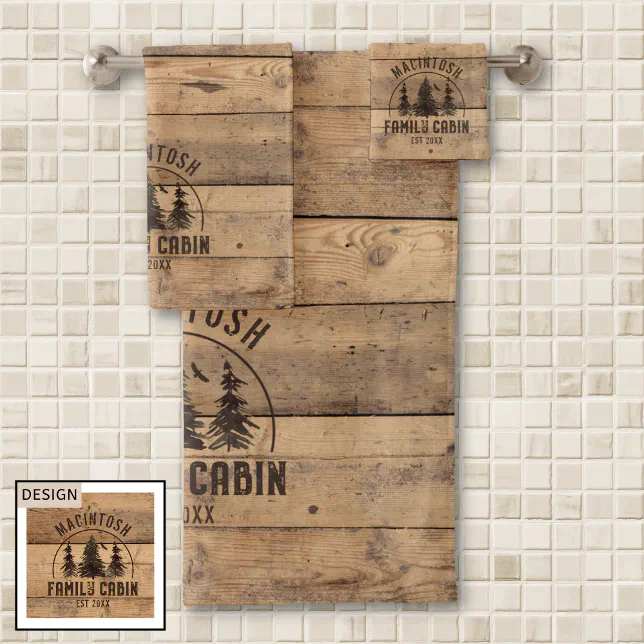 Family Cabin Name Rustic Wood Personalized Bath Towel Set | Zazzle