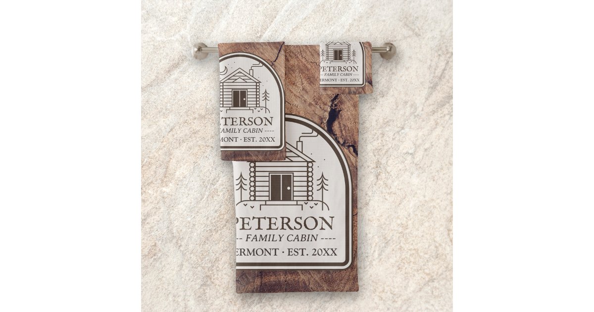 Family Cabin Rustic Wood Personalized Decor Bath Towel Set | Zazzle