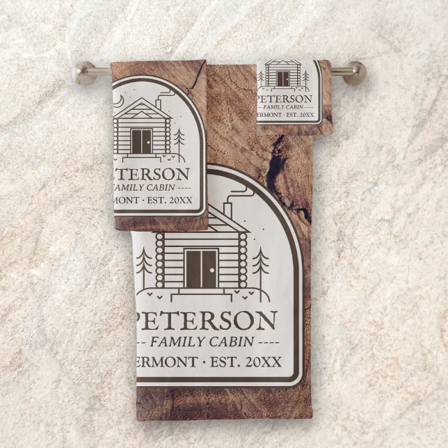 Family Cabin Rustic Wood Personalized Decor Bath Towel Set | Zazzle
