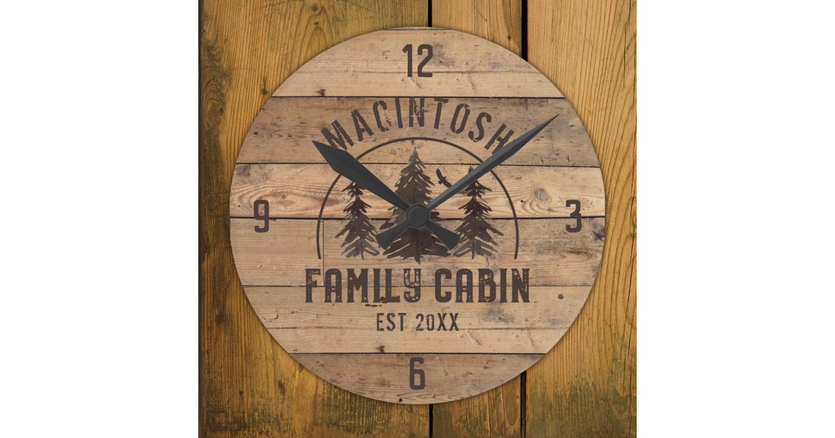 Family Cabin Rustic Wood Personalized Round Clock | Zazzle