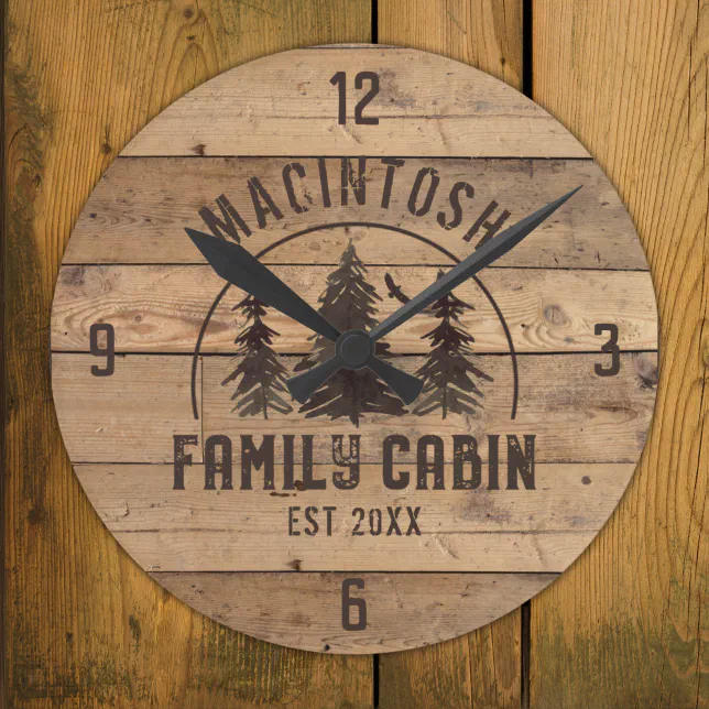 Family Cabin Rustic Wood Personalized Round Clock | Zazzle