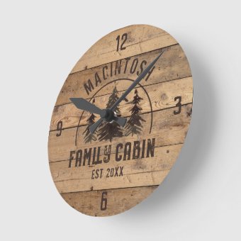Family Cabin Rustic Wood Personalized Round Clock | Zazzle