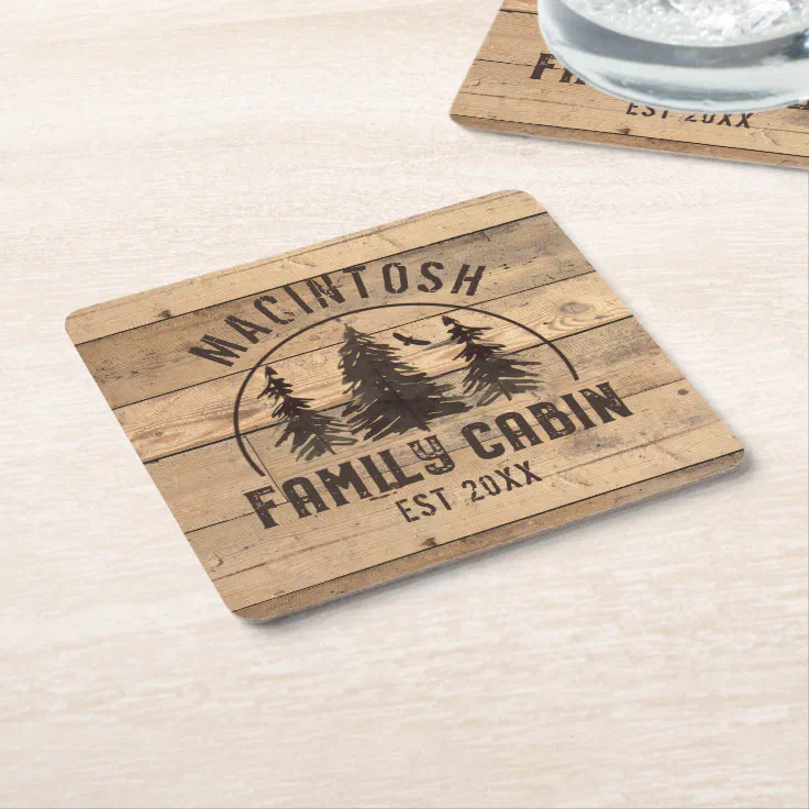 Family Cabin Rustic Wood Personalized Square Paper Coaster | Zazzle
