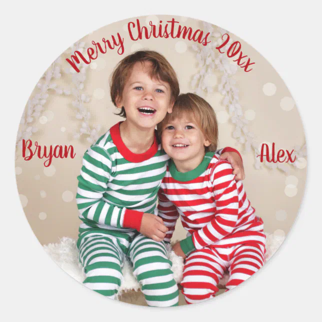 Family Christmas Photo Stickers, Glossy Classic Round Sticker | Zazzle