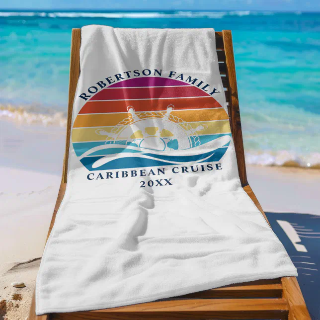 Family Cruise Ship Wheel Retro Sunset Beach Towel | Zazzle