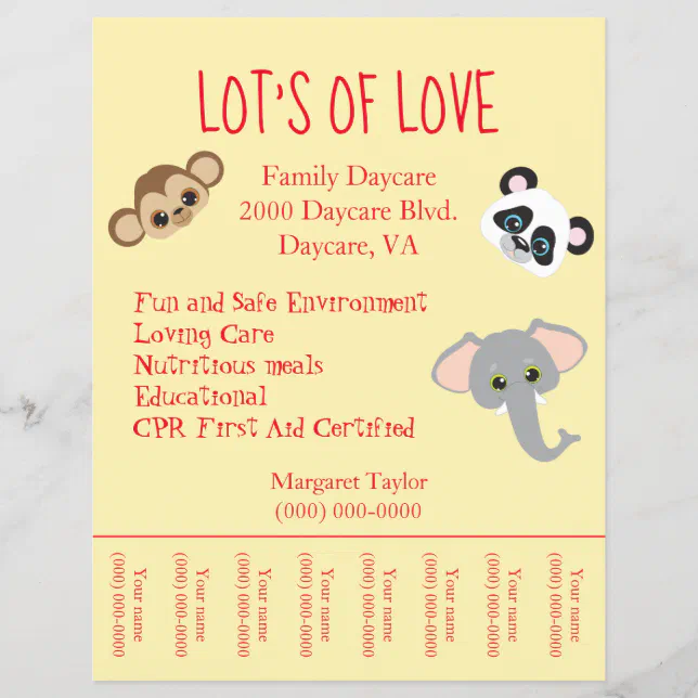 Family Daycare Jungle Animal Theme Tearaway Flyer | Zazzle