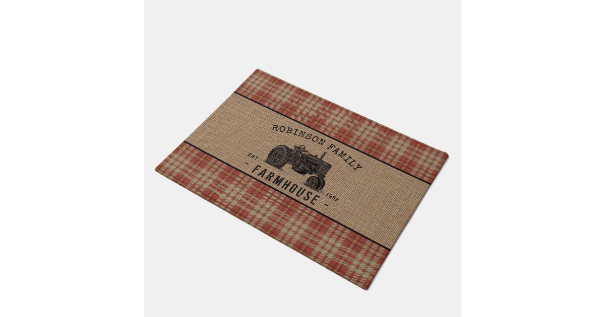 Family Farmhouse Rustic Tractor Red Plaid Burlap Doormat | Zazzle