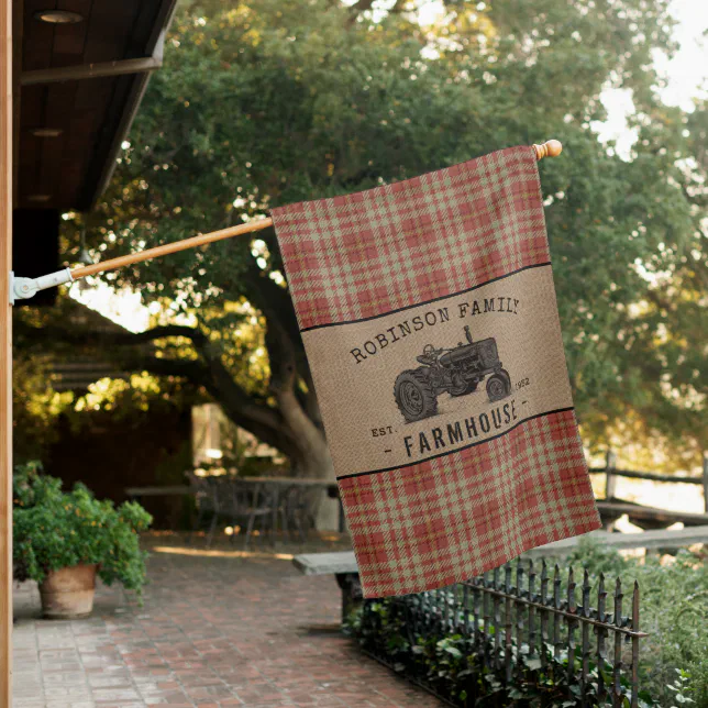Family Farmhouse Rustic Tractor Red Plaid Burlap House Flag | Zazzle