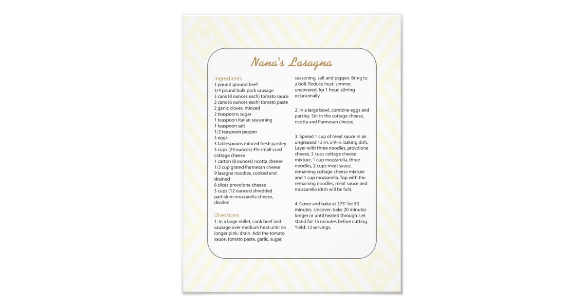 Family Favorite Recipe Chevron - Lasagna Photo Print | Zazzle