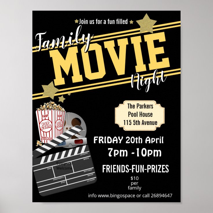 Family film night, movie night party PTA event PTO Poster | Zazzle