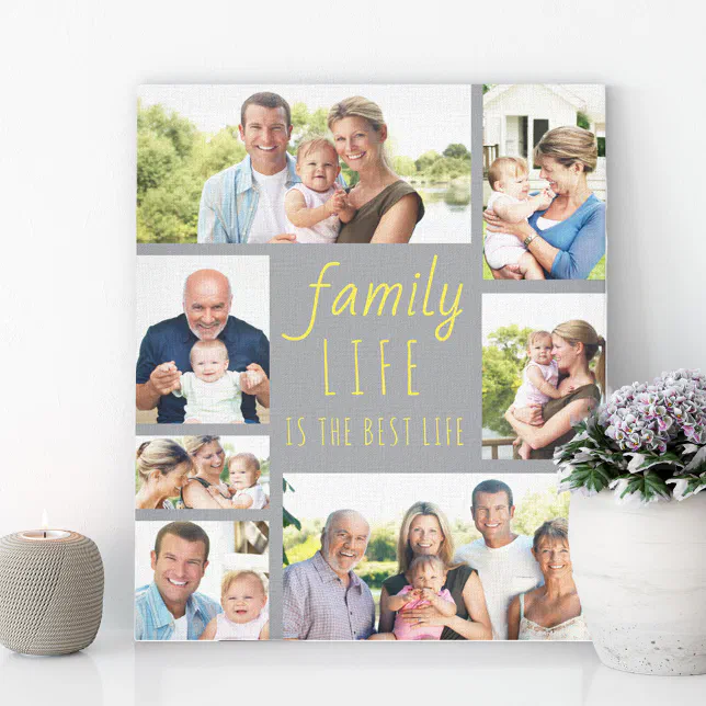 Family Life Quote 7 Photo Collage Grey and Yellow Canvas Print | Zazzle