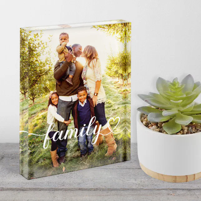 Family Love White Script Custom Vertical Photo Block | Zazzle
