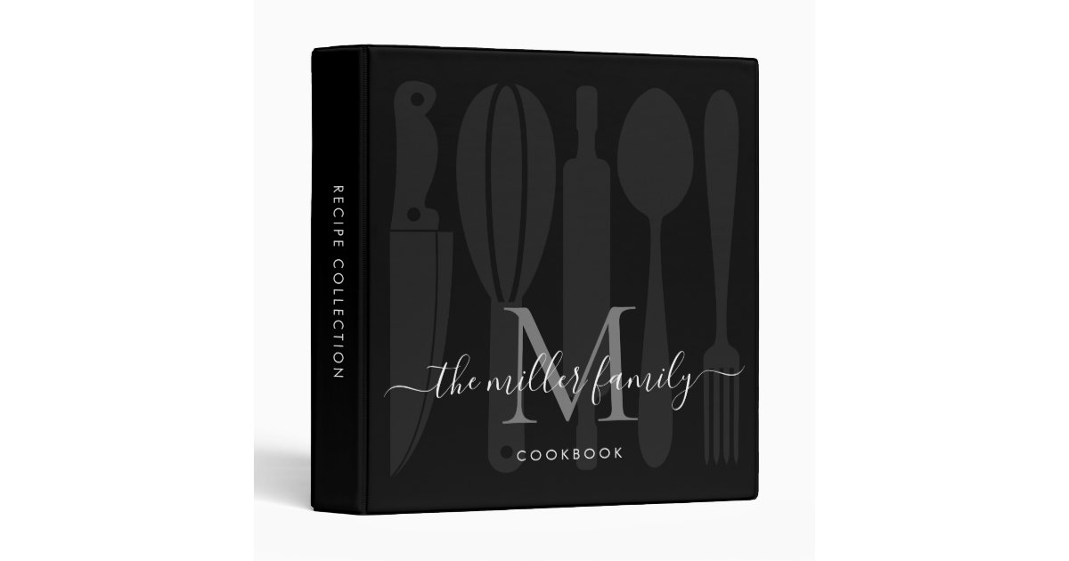 Family Monogram Black Gray Kitchen Cookbook Recipe 3 Ring Binder | Zazzle