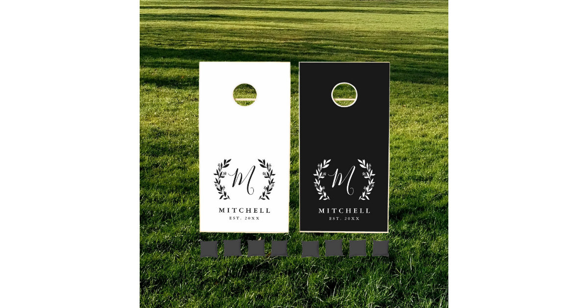 Family Monogram Name Black and White Cornhole Set | Zazzle